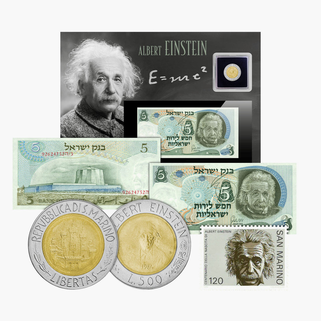 Albert Einstein coin, banknote and stamp collection