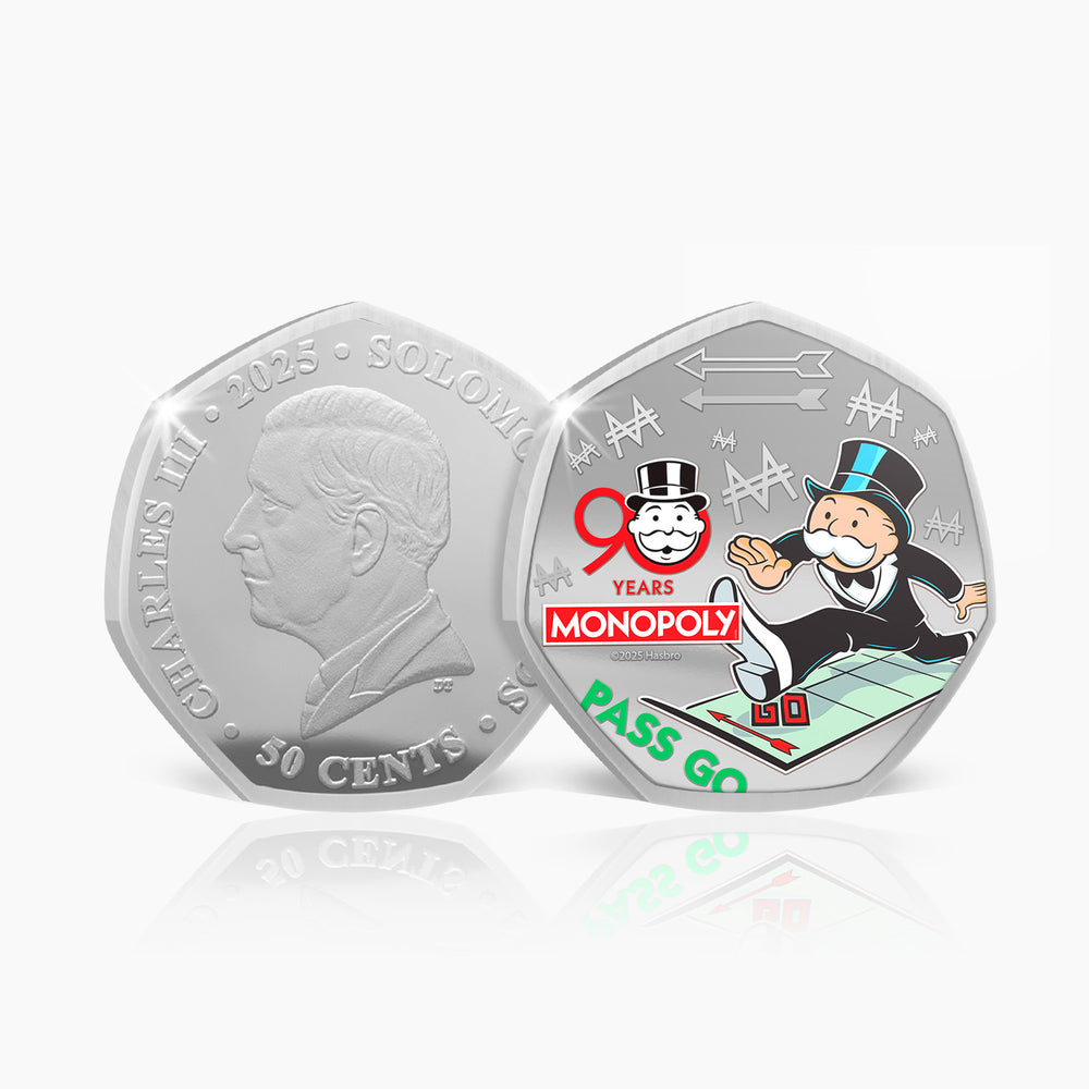 Monopoly 90 Years – Pass Go 2025 50 Cent Coin | Official BU in Blister